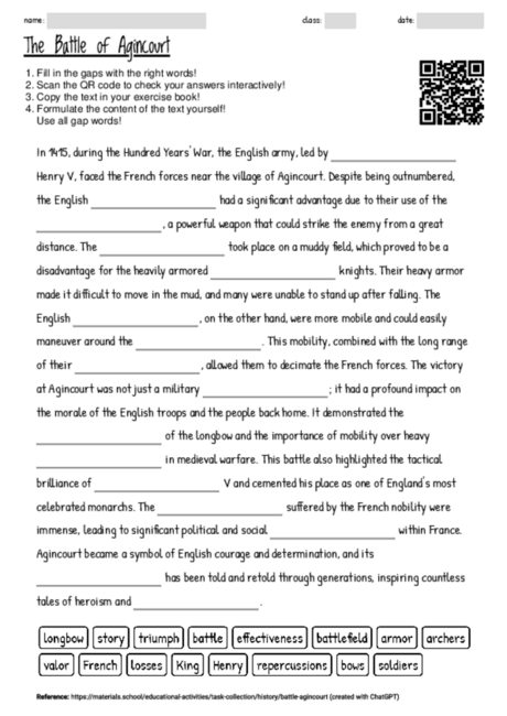 Worksheet with the topic "The Battle of Agincourt" | MATERIALS.SCHOOL